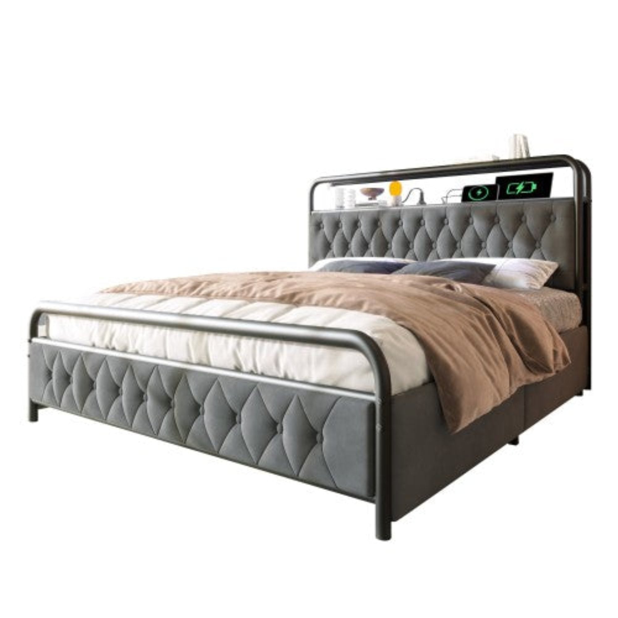 Modern Velvet Double Bed-USB Type C Charging, APP-Controlled LED, Meta ...
