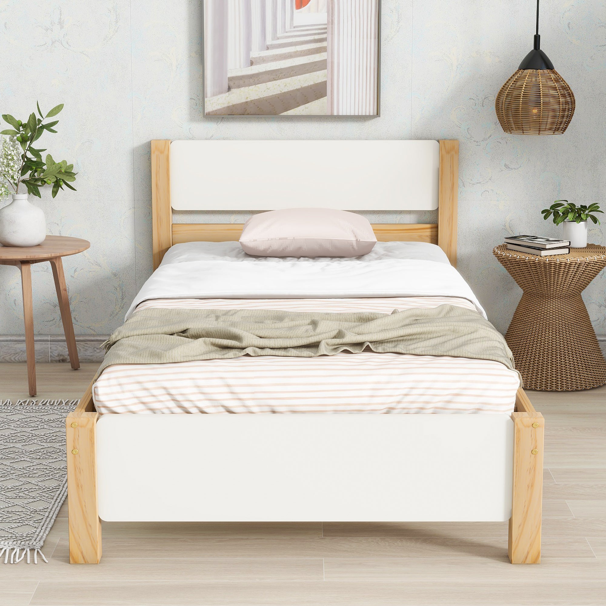 (Z)Natural pine single bed frame with white and natural Colour Finish ...