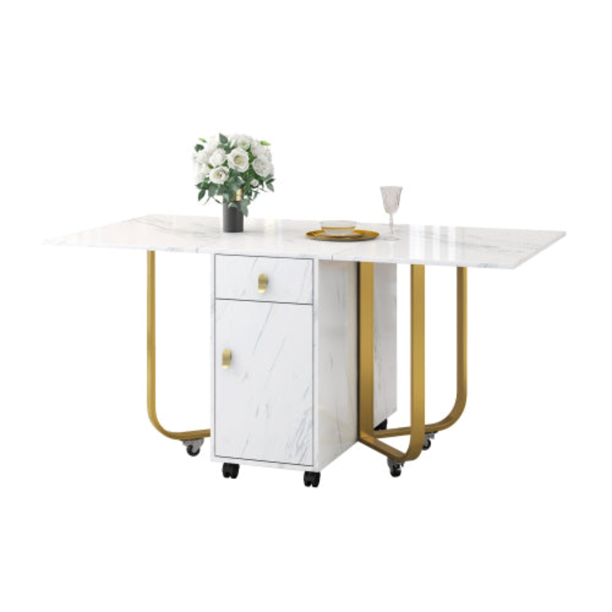 White-Gold Folding Dining Table-Cupboard, 2 Drawers, Space-Saving, 4 L ...